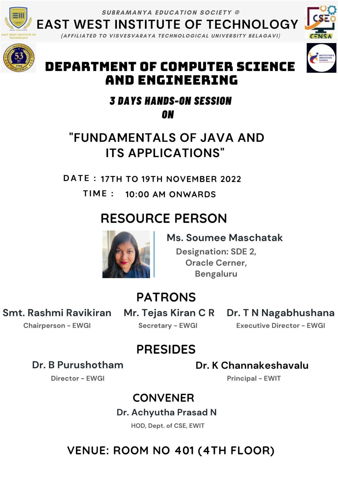 3-DAYS HANDS ON SESSION ON FUNDAMENALS OF JAVA & ITS APPLICATIONS | CSE