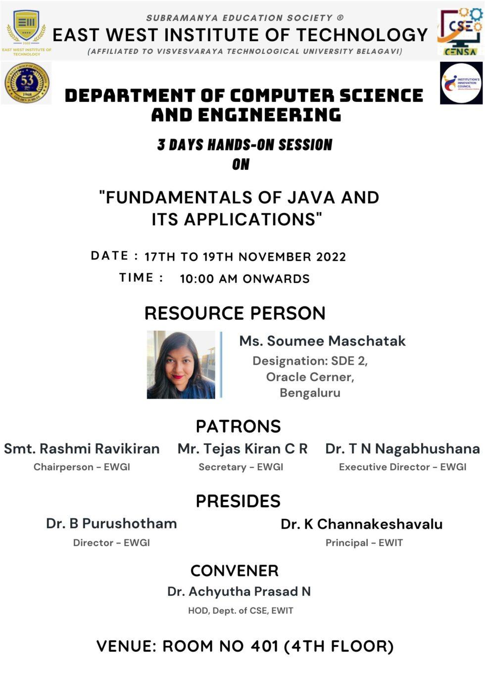 3-DAYS HANDS ON SESSION ON FUNDAMENALS OF JAVA & ITS APPLICATIONS | CSE